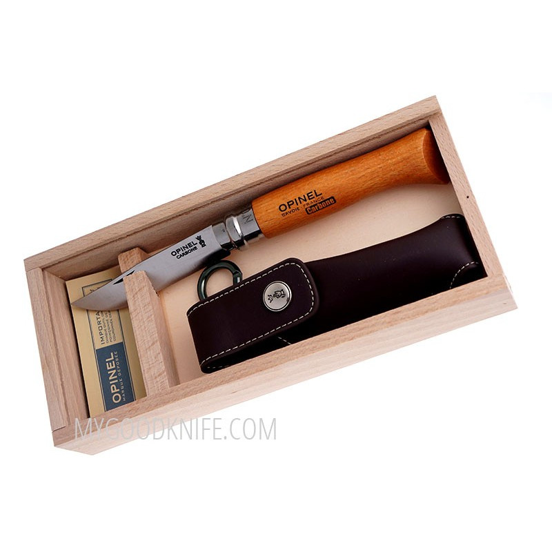 Folding knife Opinel Wooden slide top box Carbon No 8 with sheath ...